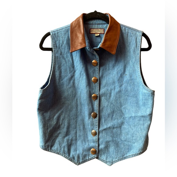 Tops | Double D Ranch Wear Vest Blue Jean Denim Leather Collar Brass ...